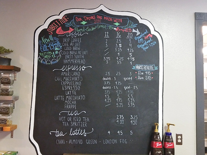 Coffee options that would make Seattle jealous scrawled on a chalkboard menu&mdash;proof that Kansans take their caffeine as seriously as their BBQ.