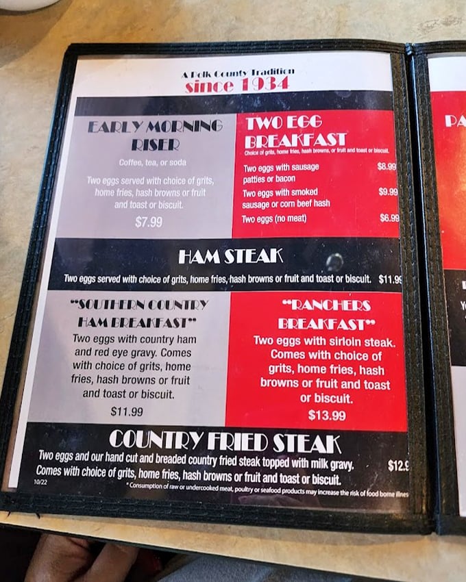 This isn't just a menu&mdash;it's a roadmap to breakfast nirvana, where classics like Country Fried Steak and Southern County Ham Breakfast have sustained Floridians for decades.