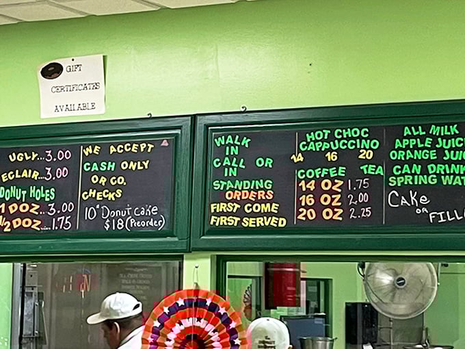 The chalkboard menu is a beautiful haiku of possibilities. Notice "cash only"—some traditions, like perfect donuts, never change.