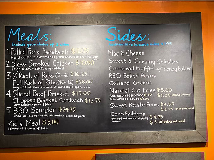 A menu board that reads like poetry to meat lovers. Each chalk-written offering is a verse in an epic barbecue ballad that's been perfected over countless smoking sessions.