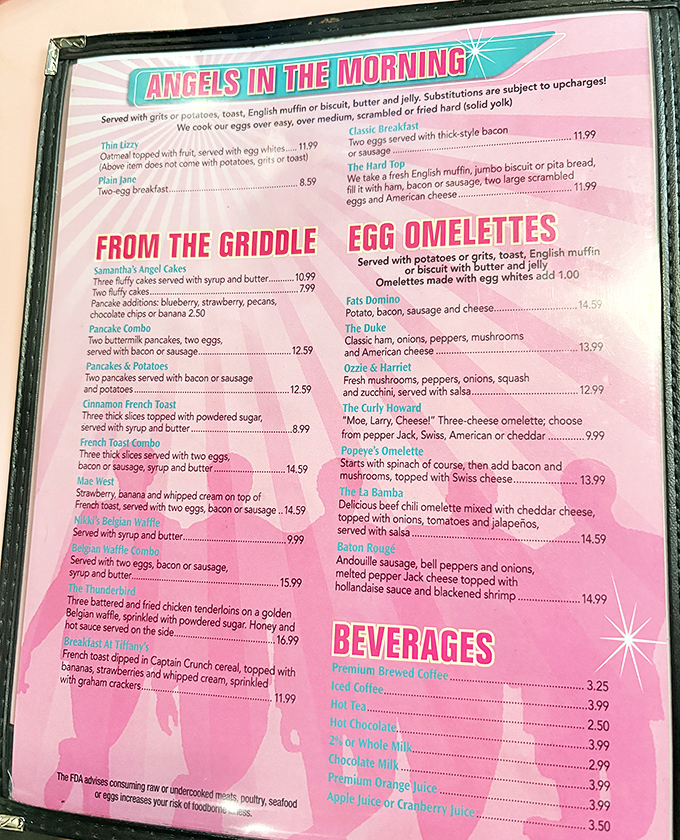 This isn't just a menu&mdash;it's a pink-hued roadmap to happiness. "Angels in the Morning" isn't just clever wordplay; it's a breakfast promise.