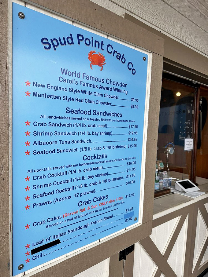 This menu isn't just a list of options&mdash;it's a treasure map where X marks the spot for "World Famous Chowder" and crab sandwiches that haunt dreams.