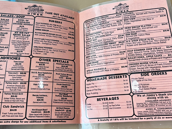 The pink menu at Jimmy's is like a roadmap to comfort food paradise. No molecular gastronomy, just honest-to-goodness diner classics.
