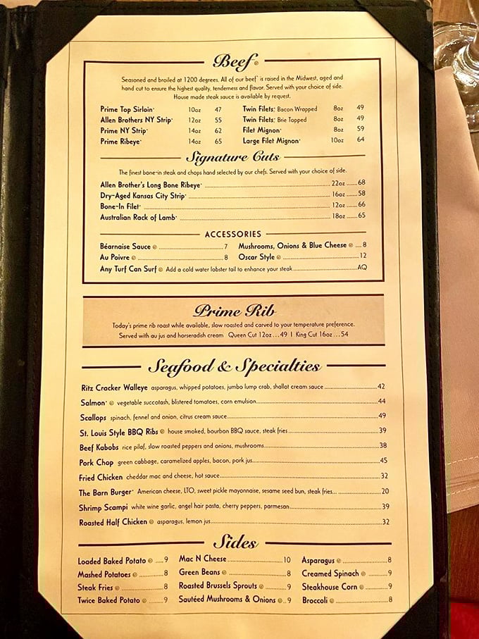 This menu isn't just a list&mdash;it's a roadmap to happiness. The prime rib section alone deserves its own ZIP code.