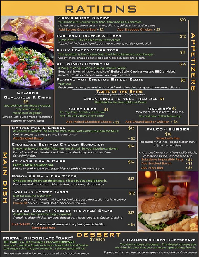 This isn't just a menu—it's a passport to multiple universes. From Vader Tots to Twin Sun Tacos, each item is a delicious pop culture wink.