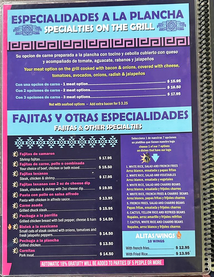 The menu reads like a love letter to Mexican regional cuisine. Pro tip: everything after "Especialidades" deserves your immediate attention.