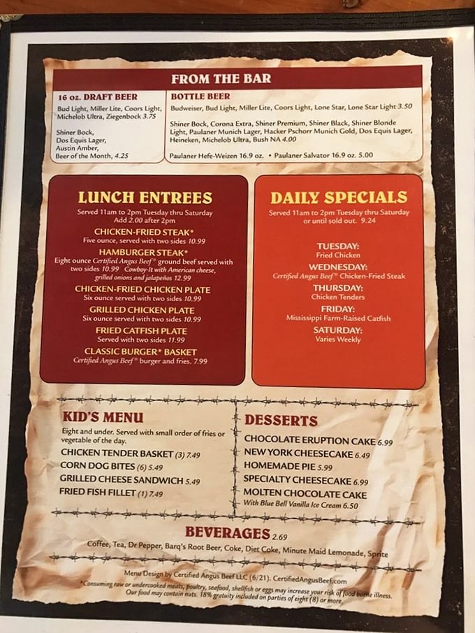 This menu isn't just a list of food&mdash;it's a roadmap to happiness. Wednesday's chicken fried steak special might be the best detour you'll ever take.