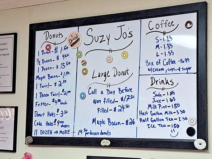 The handwritten menu board&mdash;a refreshing analog experience in our digital world. Those little donut drawings seal the deal.