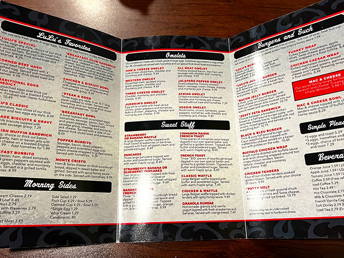 The menu that launches a thousand road trips. Each laminated page holds possibilities that make decision-making the hardest part of your visit.