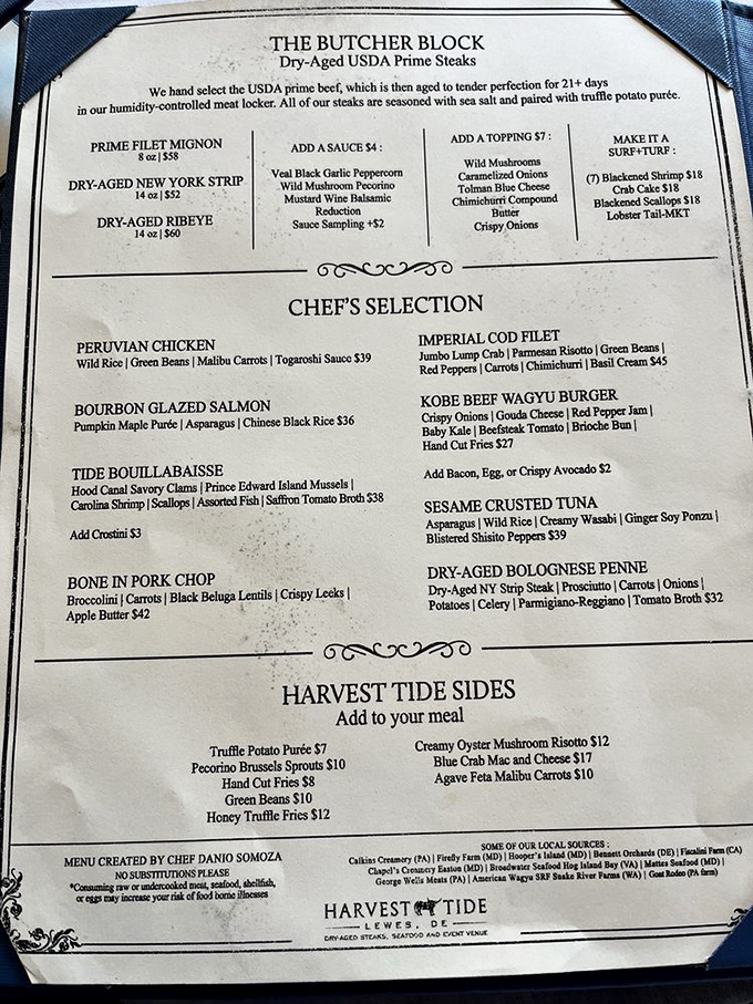 The menu reads like a carnivore's love letter, with dry-aged USDA Prime steaks taking center stage alongside seafood that honors Lewes' coastal heritage.