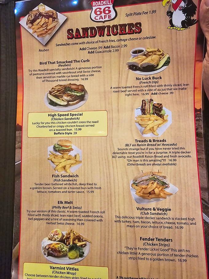 Menu creativity at its finest! Where else can you order a "Bird That Smacked The Curb" and get a delicious Reuben sandwich?