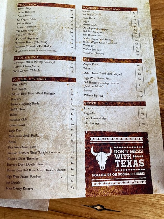 This spirits menu isn't messing around. From George Clooney's mezcal to John Wayne's whiskey, your evening just got more interesting.