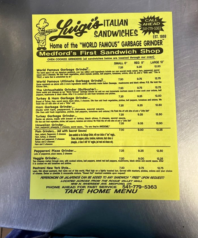 The legendary menu board&mdash;a yellow beacon of hope for the hungry&mdash;showcases the famous Garbage Grinder in all its glory.