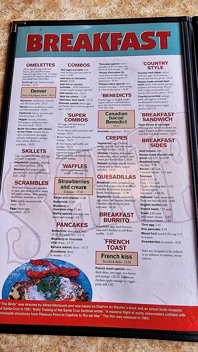 This menu isn't just extensive&mdash;it's a novel of breakfast possibilities. The footnote about Hitchcock's "The Birds" adds local flavor.