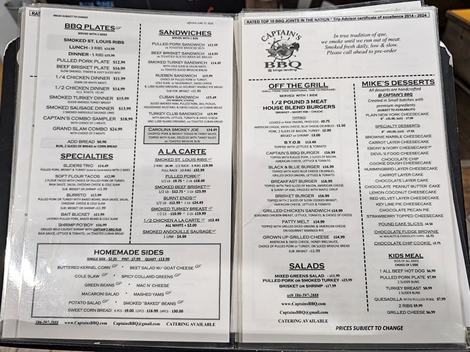 A menu that reads like a love letter to smoked meats. Decision paralysis has never been so delicious.