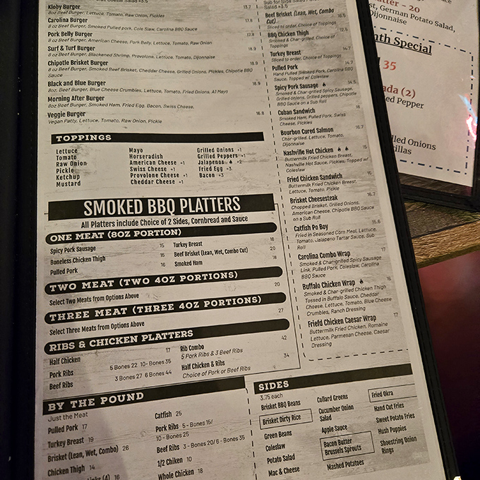 A menu that reads like barbecue poetry. Each description promises smoky delights that'll have you planning your next visit before the first bite.