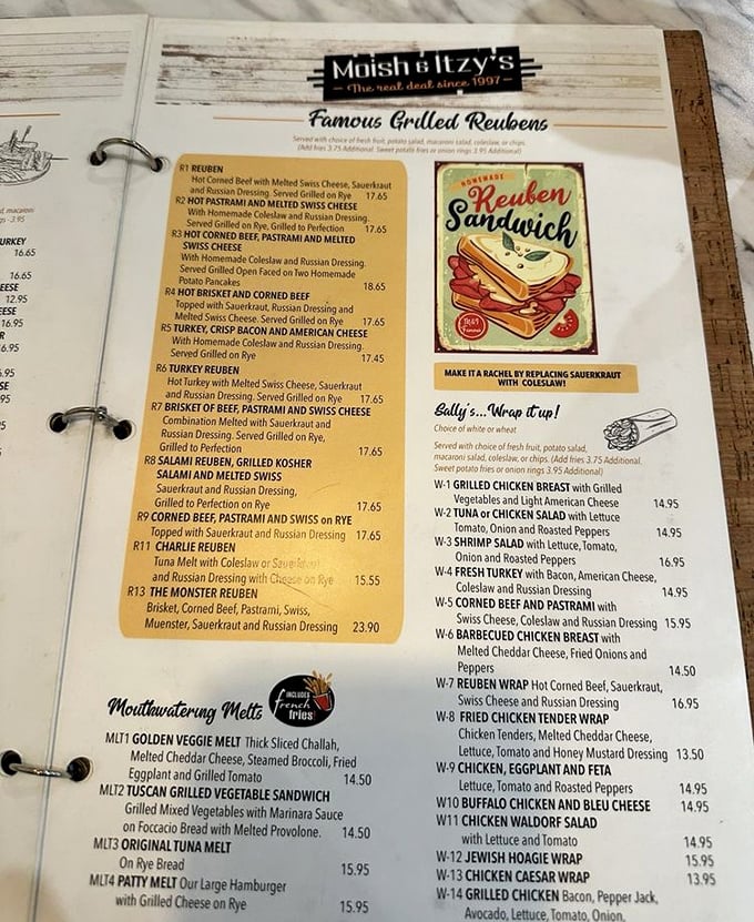 The menu's "Famous Grilled Reubens" section isn't just a list – it's a roadmap to sandwich nirvana.