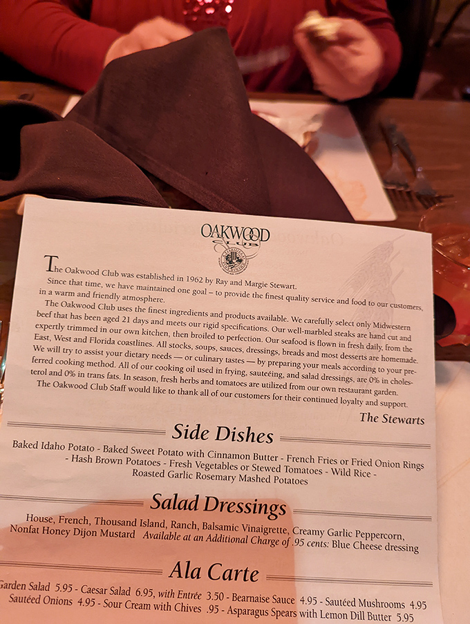 The menu tells the story&mdash;Midwestern beef aged 21 days, hand-cut steaks, and homemade desserts. Reading it feels like getting a love letter to carnivores.