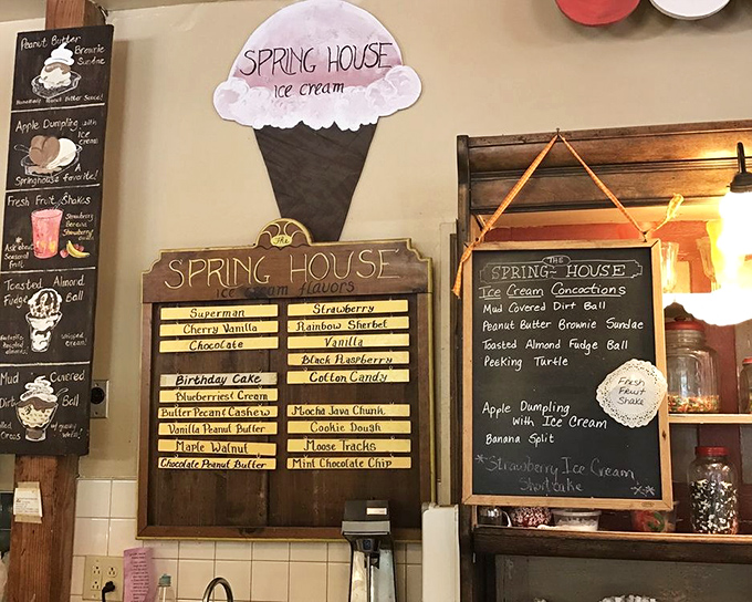 Ice cream flavors that would make Willy Wonka jealous! From Superman to Maple Walnut, this handwritten menu board promises sweet, creamy salvation.