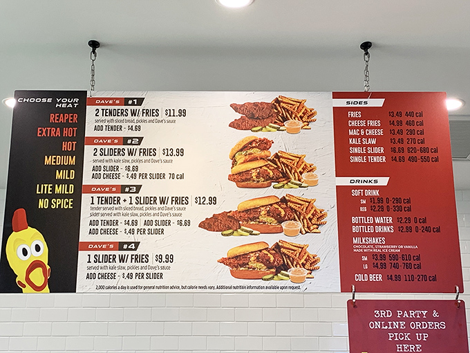 The menu board tells a spicy story&mdash;from "No Spice" to the legendary "Reaper," there's a heat level for every palate and pain threshold.