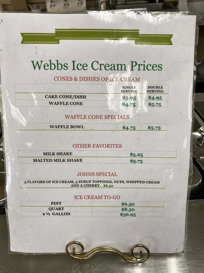 The ice cream menu board reads like a permission slip to indulge, with John's Special promising a triple-threat of flavors topped with all the fixings.