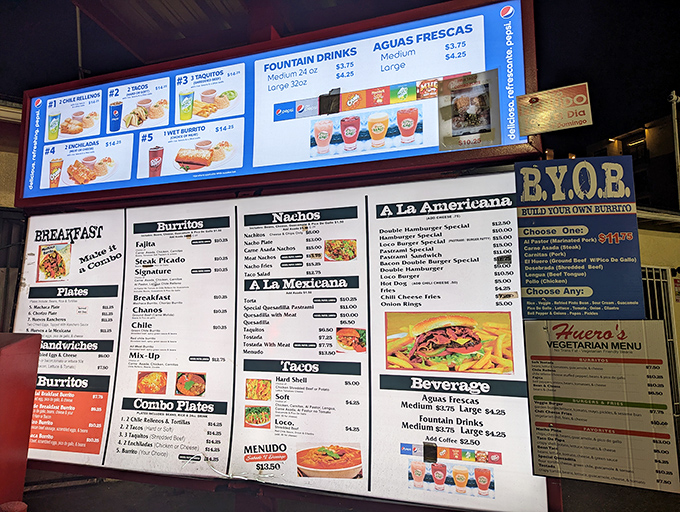 The menu board&mdash;a roadmap to happiness. Each illuminated option promises a different path to the same destination: pure satisfaction.