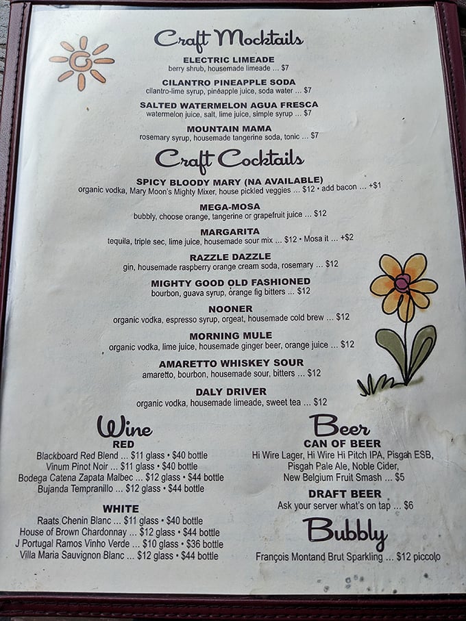 When your drink menu reads like poetry, you know you're not at your average greasy spoon. The Mountain Mama mocktail? Pure Appalachian refreshment.