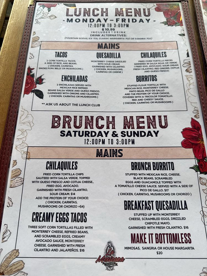 Decision paralysis has never been so delicious. The lunch menu offers everything from traditional tacos to hearty burritos that'll fuel your afternoon adventures.