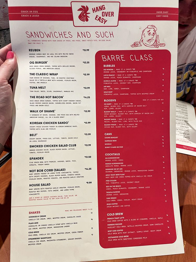 A menu that reads like poetry to hungry souls. Note the "Walk of Shame" sandwich&mdash;because they truly understand your morning-after needs.