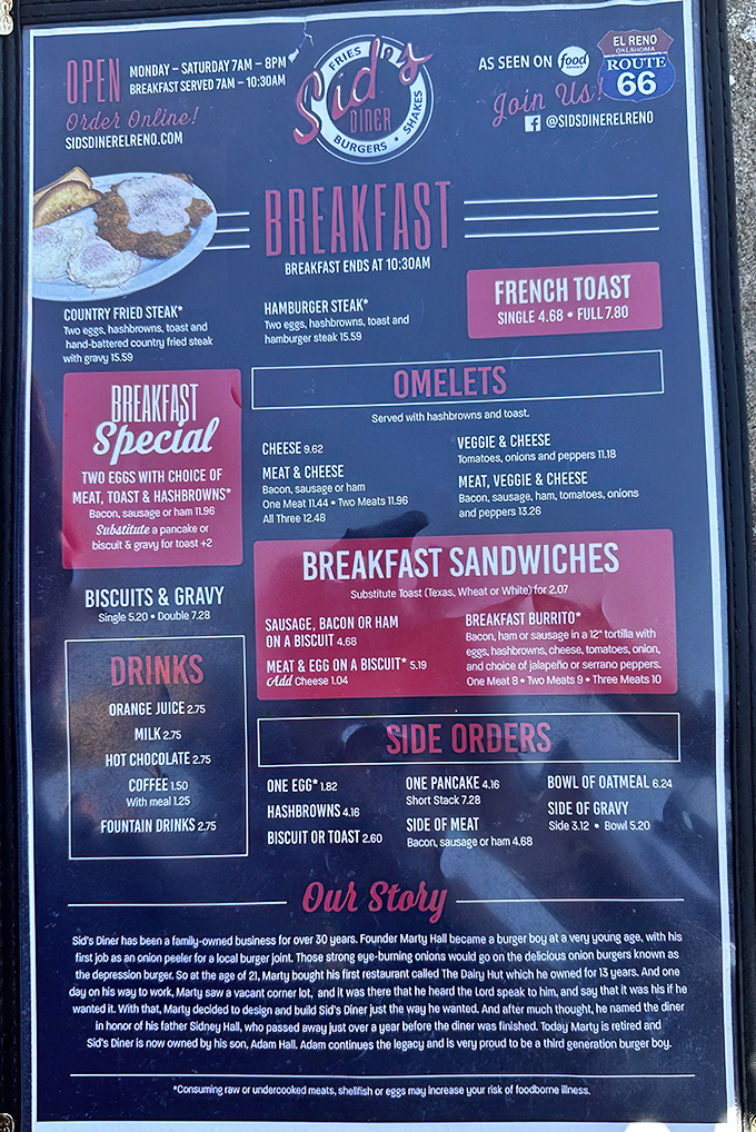 This isn't just a menu&mdash;it's a roadmap to happiness. Notice how breakfast gets equal billing with the famous onion burgers.