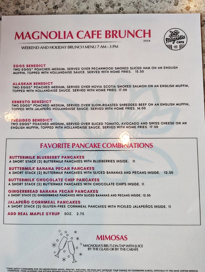 The menu reads like a love letter to breakfast, with pancake combinations that would make even the most committed carb-avoider reconsider their life choices.