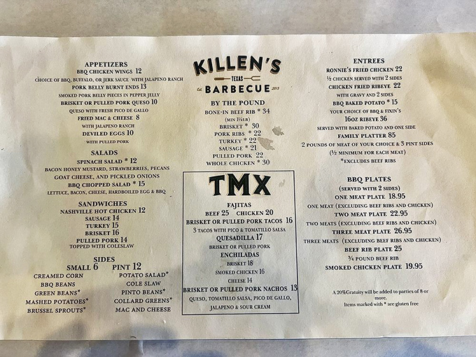 This menu isn't just a list of options—it's a roadmap to happiness. The "TMX" section alone could make a grown Texan weep with joy.