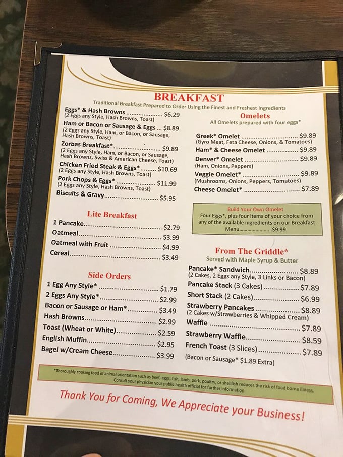 This menu isn't just a list of food&mdash;it's a roadmap to happiness with pancake landmarks and omelet destinations clearly marked for your journey.