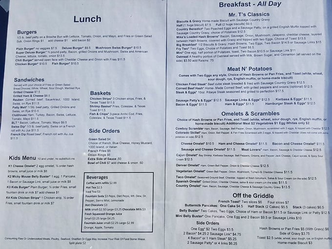 This menu reads like a love letter to American diner classics, with "Off the Griddle" offerings that tempt even the most disciplined morning dieter.