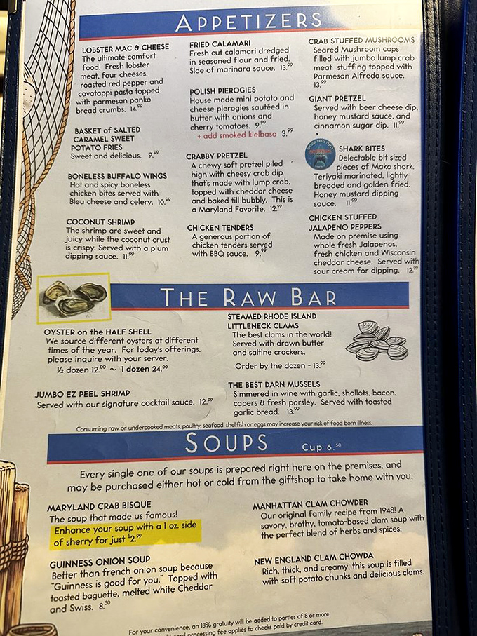 The menu reads like a love letter to the ocean. From Maryland Crab Bisque to Polish Pierogies, decisions here are deliciously difficult.