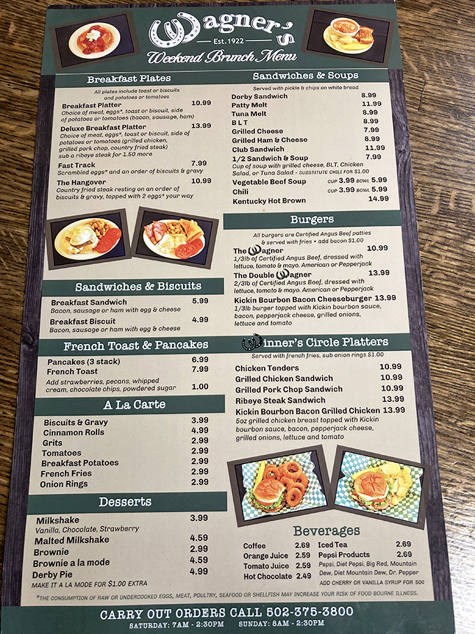 This menu isn't trying to win any design awards—it's too busy perfecting breakfast classics that have satisfied hungry racing fans for generations.