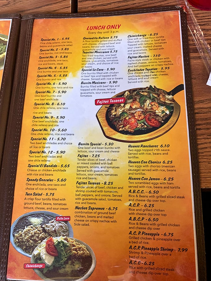 A menu that reads like a love letter to Mexican cuisine. Each item promises a different path to happiness, all for less than a tank of gas.