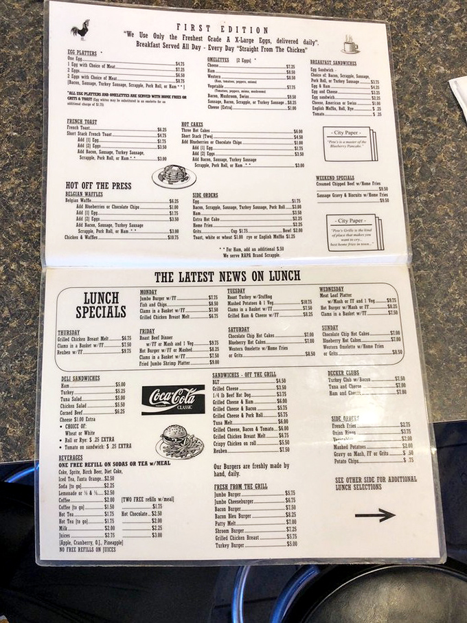 A menu that tells stories of breakfast glory, where pancakes take center stage and lunch specials become the day's headlines.