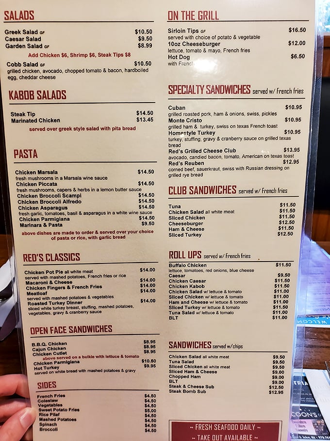 A menu that reads like a love letter to comfort food &ndash; from pancakes to Reubens, Red's doesn't just serve meals, it serves memories.