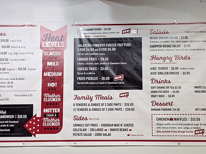 The heat scale doesn't lie: from "Classic" to "Hotter Than a Mother Clucker," this menu is a roadmap to delicious decisions.