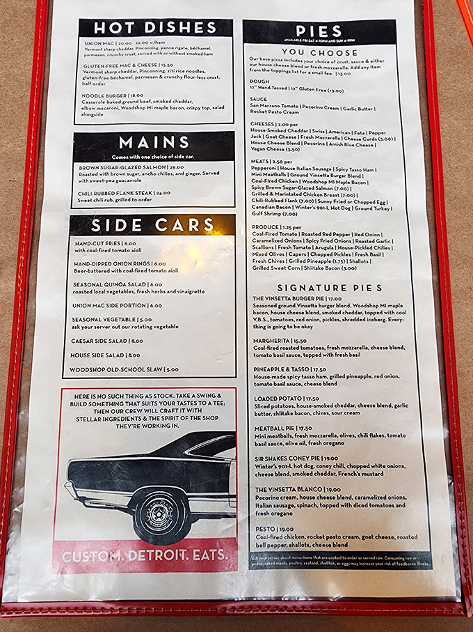 The menu reads like a love letter to Detroit&mdash;"Side Cars" instead of sides, "Mains" instead of entrees, and "Signature Pies" that'll make your engine purr.