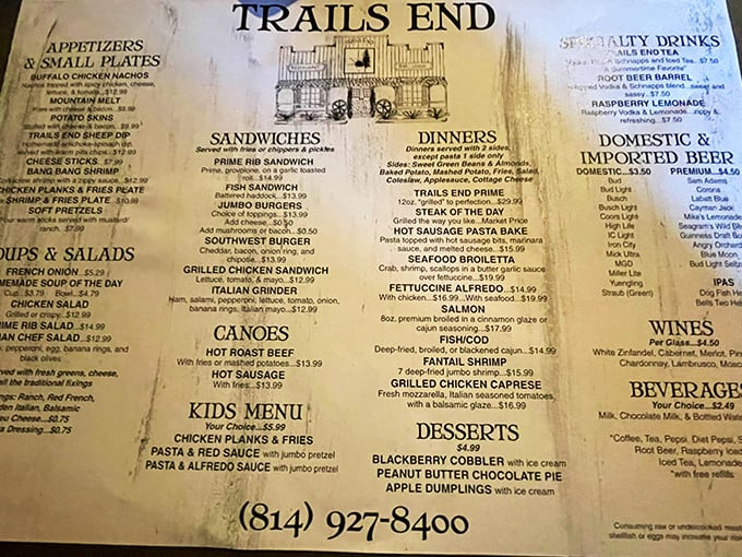 The menu at Trail's End reads like a love letter to comfort food. Those "canoes" aren't for paddling&mdash;they're for sailing straight into food bliss.