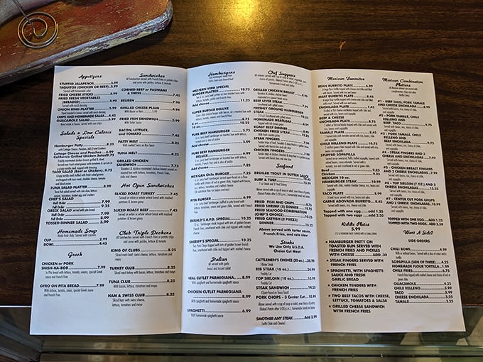 This isn't just a menu; it's a novel of comfort food possibilities where every laminated page tells a different delicious story.