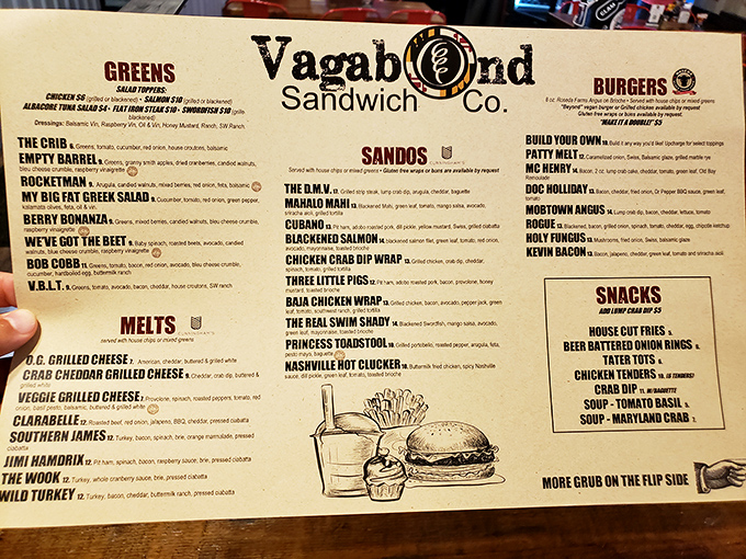 A menu that reads like a love letter to sandwich possibilities. Each cleverly named creation tells a story before you take your first bite.