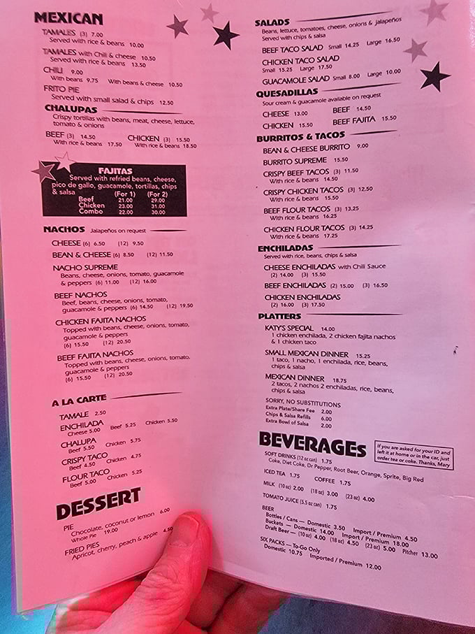 A menu that reads like a love letter to Texas comfort food &ndash; the pink paper might be faded, but those flavor combinations are timeless.