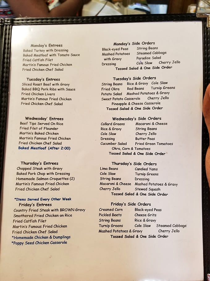 The daily rotating menu reads like a love letter to Southern cuisine, with Martin's Famous Fried Chicken making a star appearance every single day.