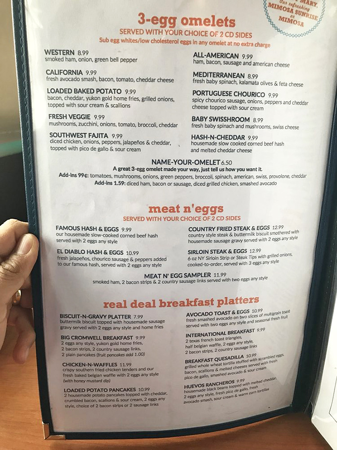 A menu that reads like a love letter to American comfort food classics. The "Name-Your-Omelet" option is practically an invitation to culinary creativity.