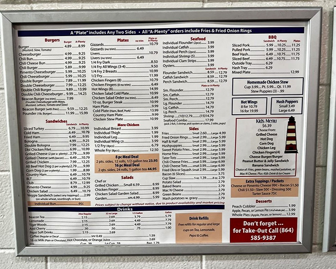 This menu isn't just a list&mdash;it's a manifesto of Southern comfort. The "a-plenty" option is basically code for "prepare to unbutton your pants."