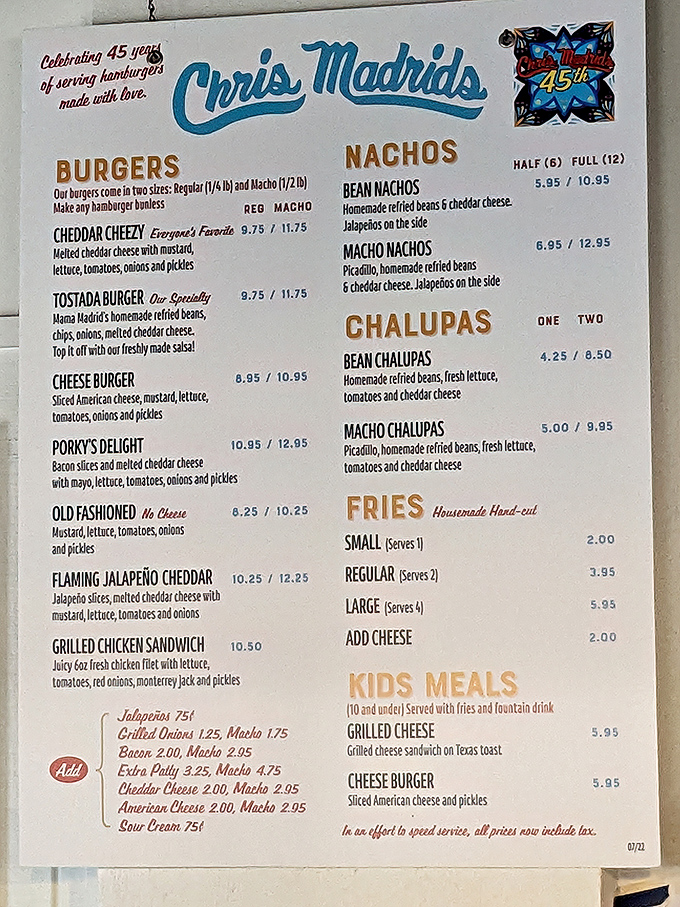 A menu that knows its purpose in life—to deliver burger perfection without unnecessary frills. The Tostada Burger isn't just a specialty, it's a revelation.