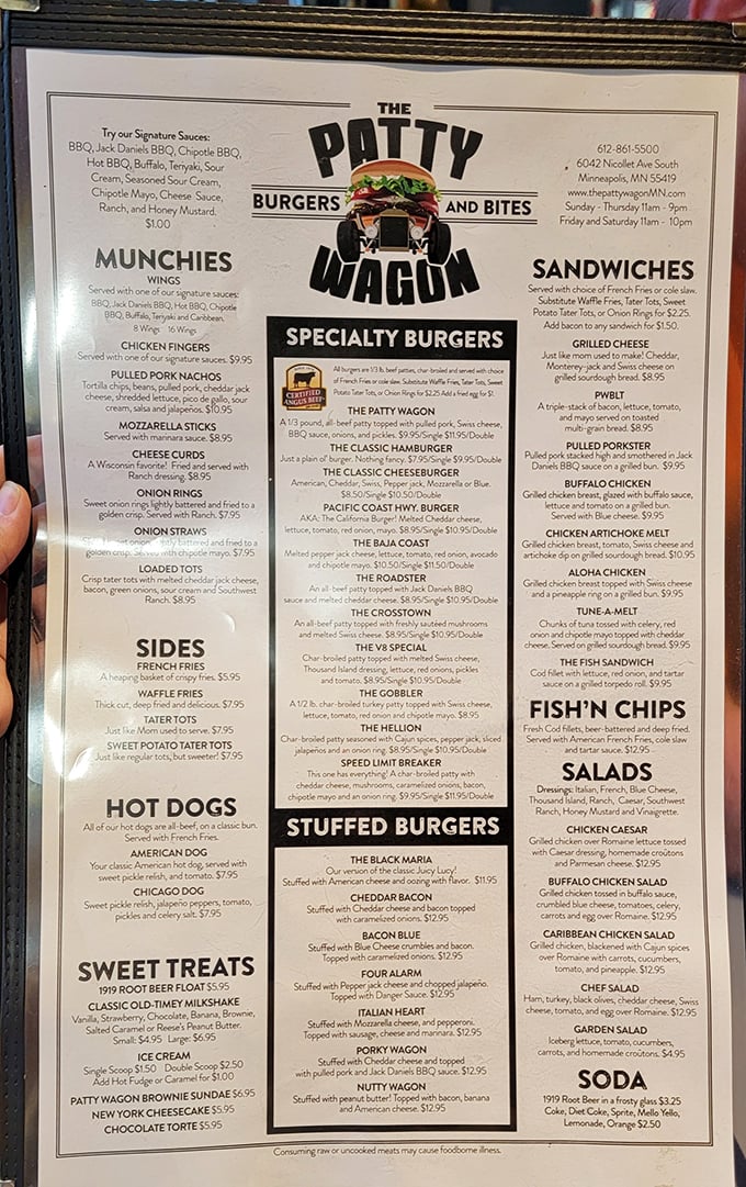 This menu isn't just a list—it's a roadmap to happiness. The "Stuffed Burgers" section alone could solve most of life's problems.